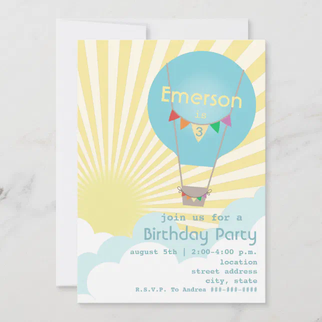 Blue Hot Air Balloon Kids Birthday Party Invitation | Zazzle