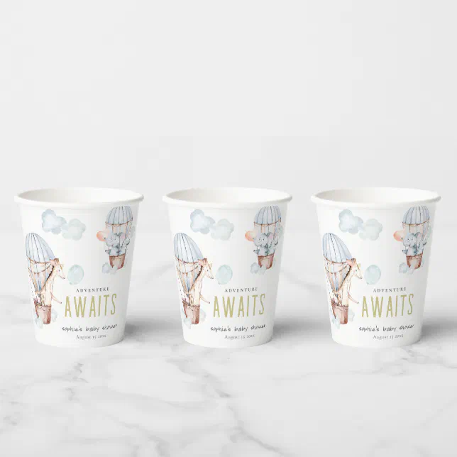 Blue Hot Air Balloon Safari Animals Baby Shower Paper Cups | Zazzle