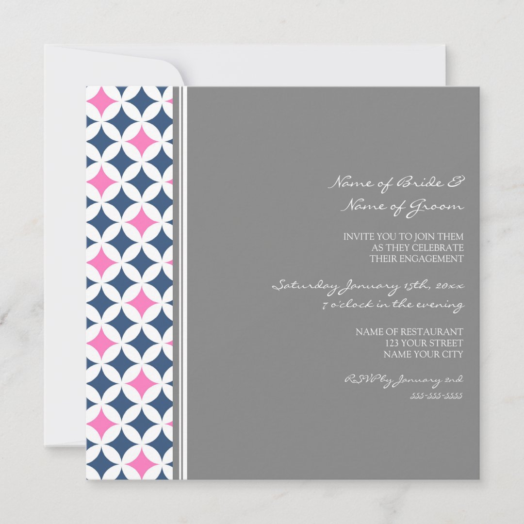 Blue Hot Pink Pattern Engagement Party Invitations | Zazzle