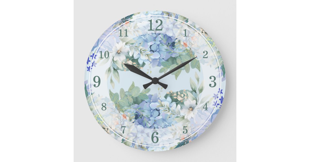 Blue Hydrangea and Floral Watercolor Wall Clock | Zazzle