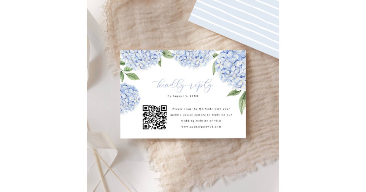 Blue Hydrangea Bloom QR Code Calligraphy Reply RSVP Card | Zazzle