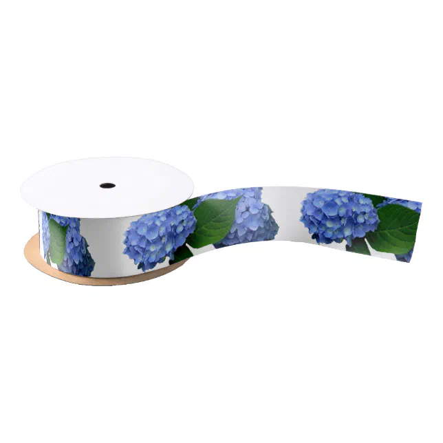 Blue Hydrangea Blooms Greenery Satin Ribbon | Zazzle