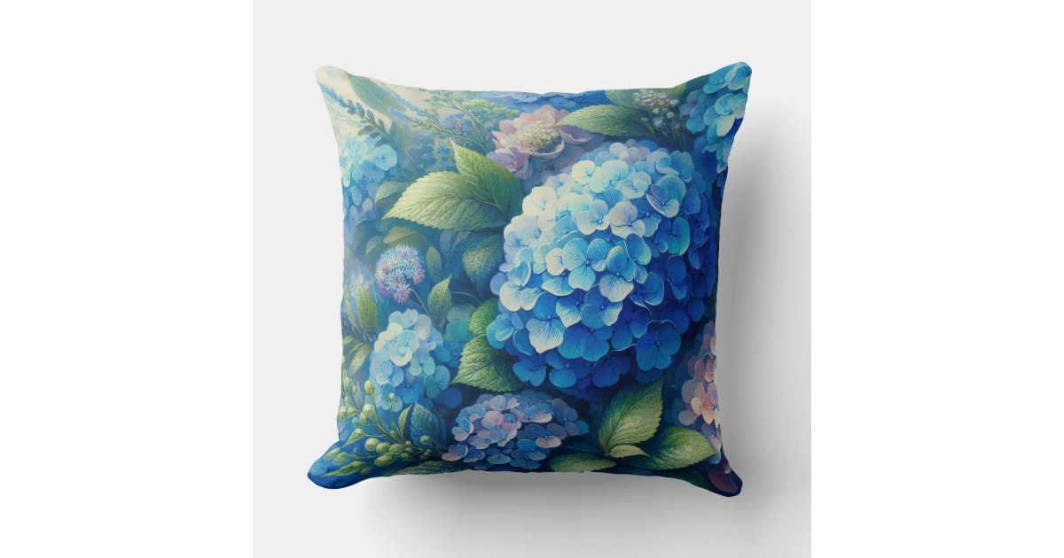 Blue Hydrangea Botanical Art Throw Pillow | Zazzle