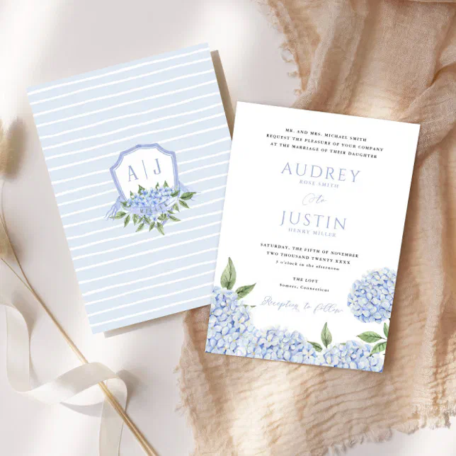 Blue Hydrangea Bottom Border, Crest Wedding Invitation | Zazzle