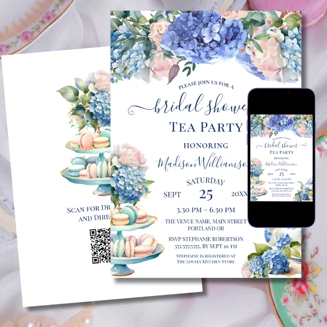 Blue Hydrangea Bridal Shower Tea Party QR code Invitation | Zazzle