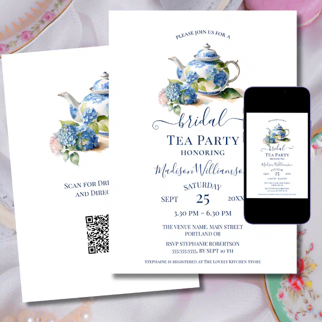 Blue Hydrangea Bridal Tea Party QR code Invitation | Zazzle