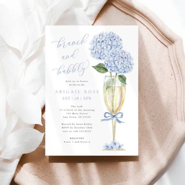 Blue Hydrangea Brunch and Bubbly Gold Champagne Invitation | Zazzle