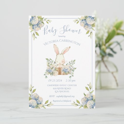 Blue Hydrangea Bunny Rabbit Baby Shower Invitation | Zazzle