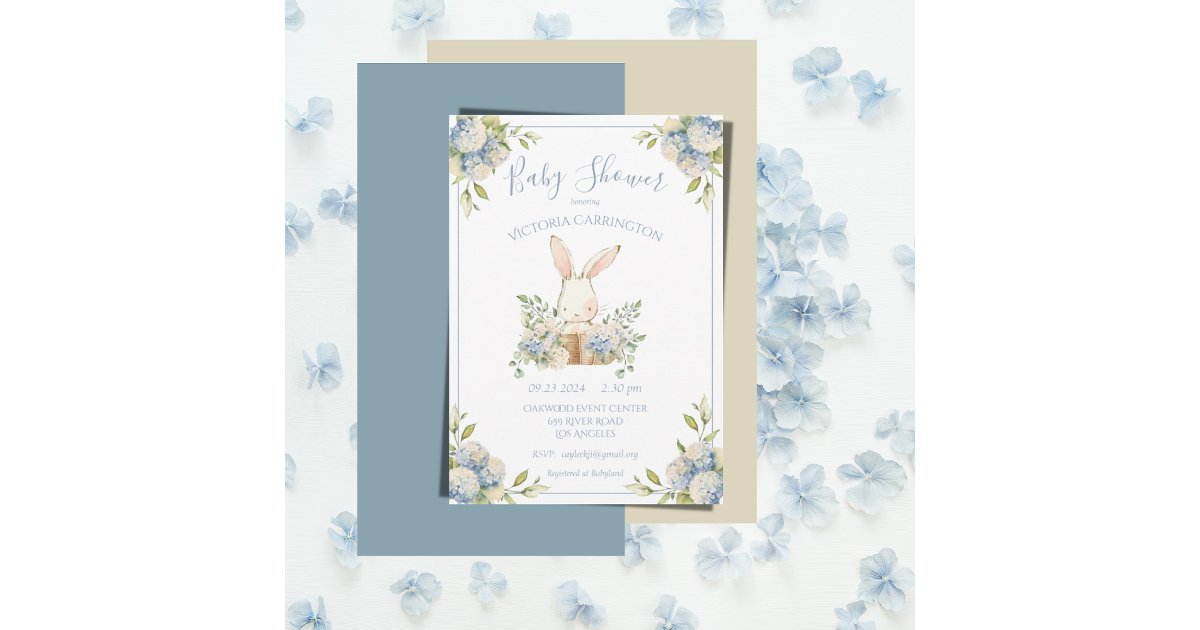 Blue Hydrangea Bunny Rabbit Baby Shower Invitation | Zazzle