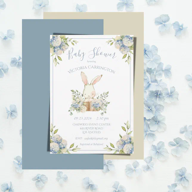 Blue Hydrangea Bunny Rabbit Baby Shower Invitation | Zazzle