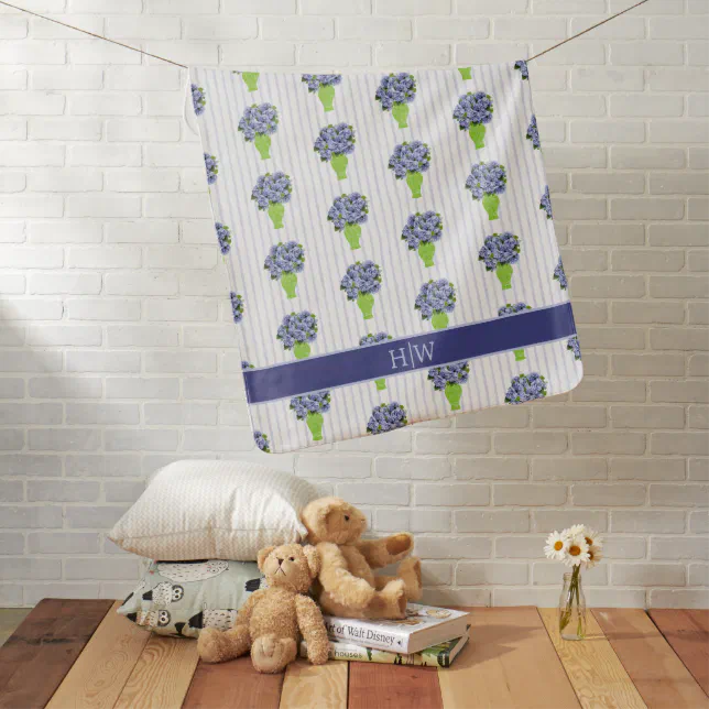Blue Hydrangea Coastal Floral Vase Monogram Baby Blanket | Zazzle
