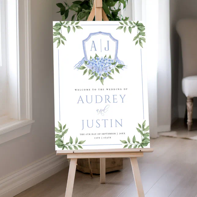 Blue Hydrangea Crest Personalized Welcome Wedding Foam Board | Zazzle