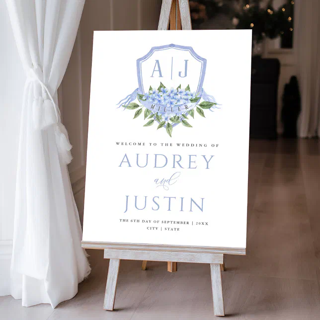 Blue Hydrangea Crest Welcome, Large Wedding Foam Board | Zazzle