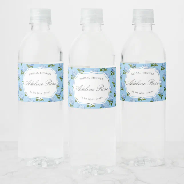 Blue Hydrangea Elegant Bridal Shower Water Bottle Label | Zazzle