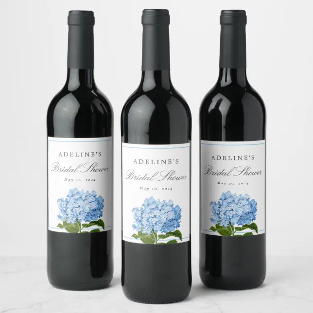 Blue Hydrangea Elegant Bridal Shower Wine Label | Zazzle