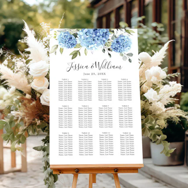 Blue Hydrangea Eucalyptus 12 Tables SEATING CHART Foam Board | Zazzle