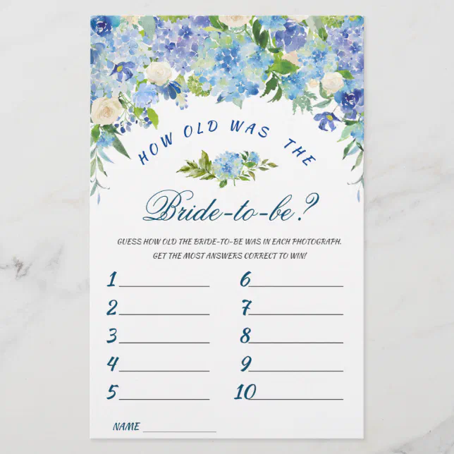 Blue Hydrangea Floral Bridal Shower Game | Zazzle