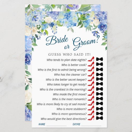 Blue Hydrangea Floral Bridal Shower Game | Zazzle