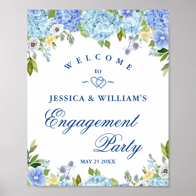 Blue Hydrangea Floral Engagement Party Sign | Zazzle