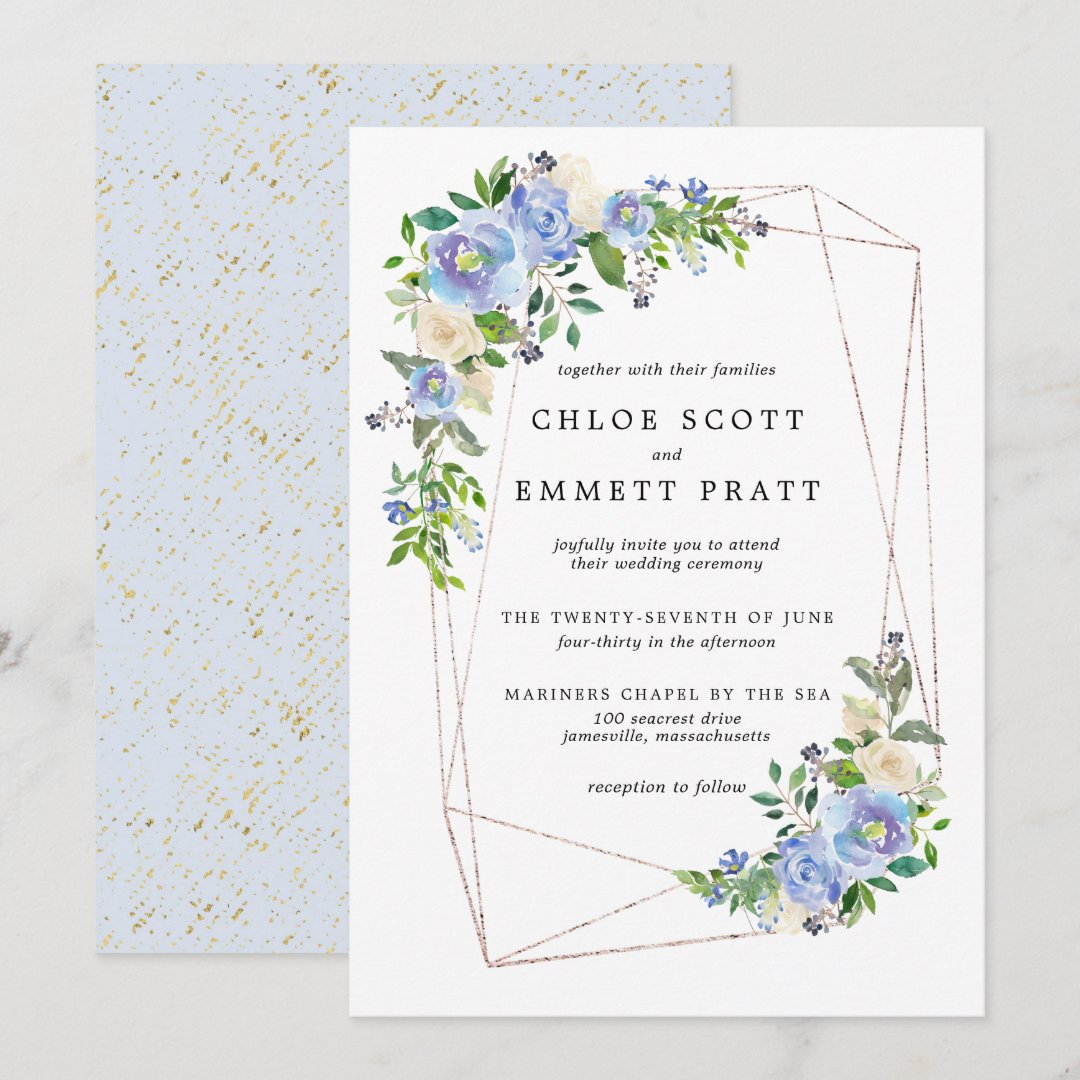 Blue Hydrangea Floral Gold Geometric Frame Invitation | Zazzle