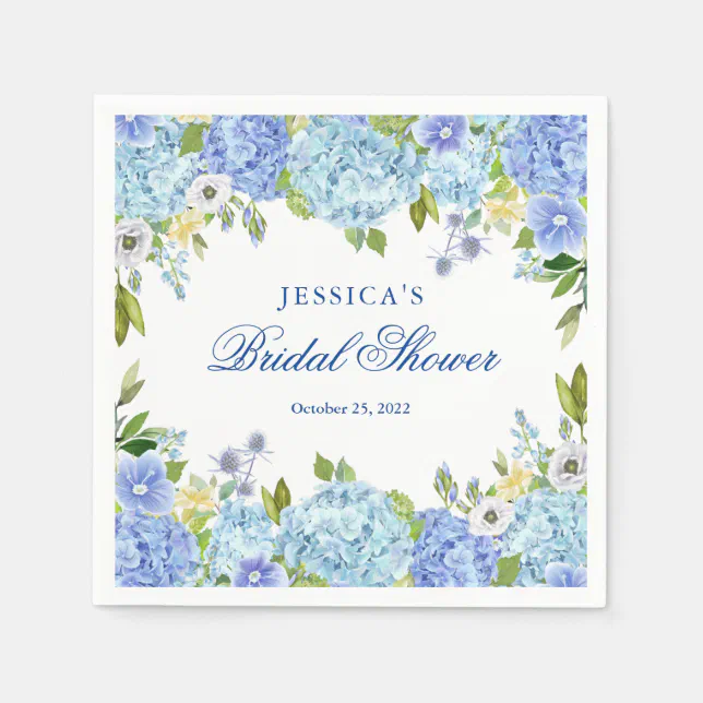 Blue Hydrangea Floral Greenery Bridal Shower Paper Napkins | Zazzle