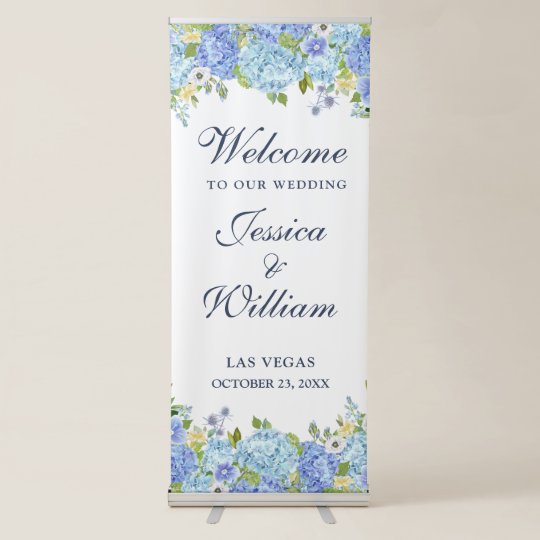 Blue Hydrangea Floral Greenery Wedding Welcome Retractable Banner ...