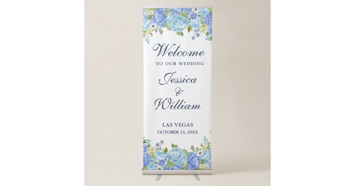 Blue Hydrangea Floral Greenery Wedding Welcome Retractable Banner | Zazzle