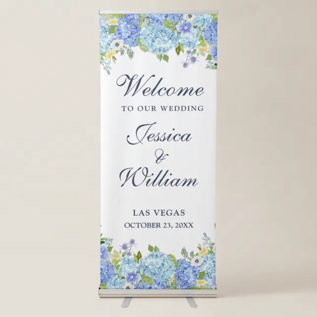 Blue Hydrangea Floral Greenery Wedding Welcome Retractable Banner | Zazzle
