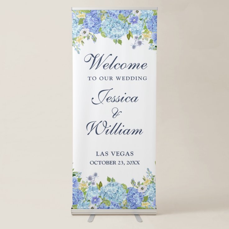 Blue Hydrangea Floral Greenery Wedding Welcome Retractable Banner | Zazzle