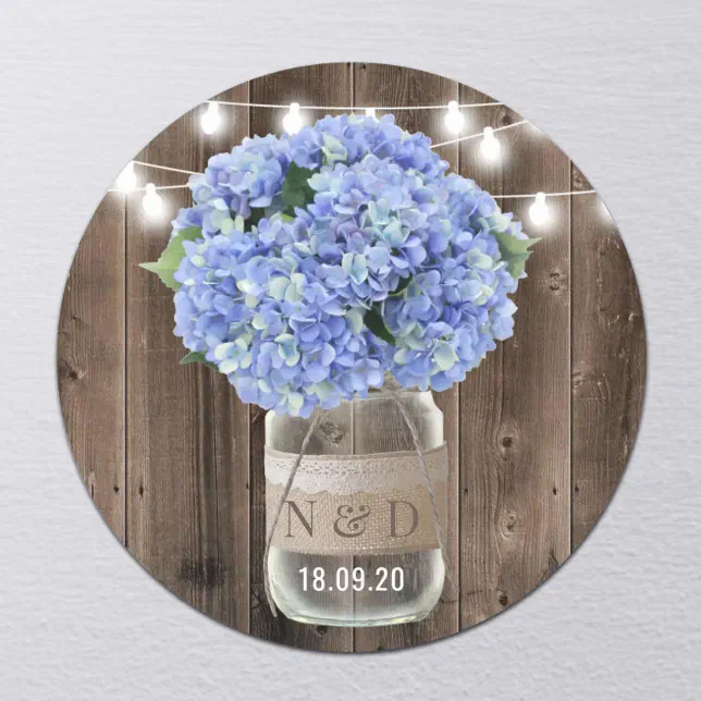 Blue Hydrangea Floral Jar Rustic Wood Wedding Classic Round Sticker ...