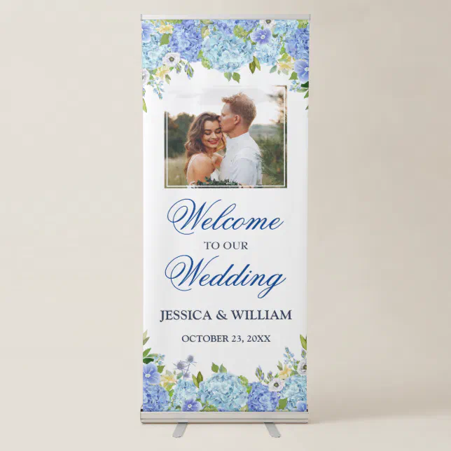 Blue Hydrangea Floral PHOTO Wedding Welcome Retractable Banner | Zazzle
