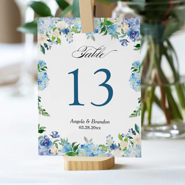 Blue Hydrangea Floral Wedding Table Number | Zazzle