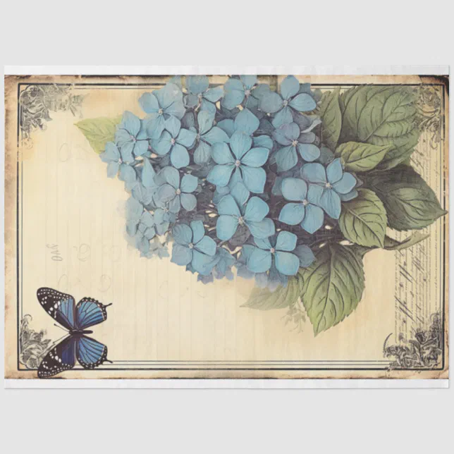 Blue Hydrangea flower and butterfly ephemera art Tissue Paper | Zazzle