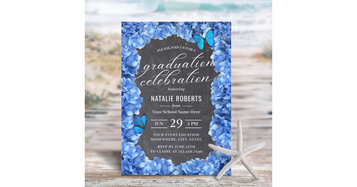 Blue Hydrangea Flower & Butterfly Graduation Party Invitation | Zazzle