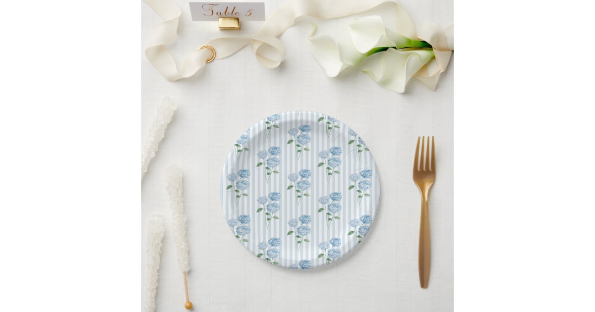 Blue Hydrangea Flower Custom Shower Blue Stripe Paper Plates | Zazzle