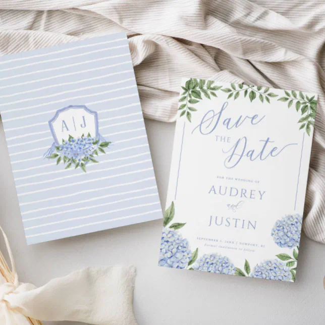 Blue Hydrangea Flowers Crest Save the Date Invitation | Zazzle