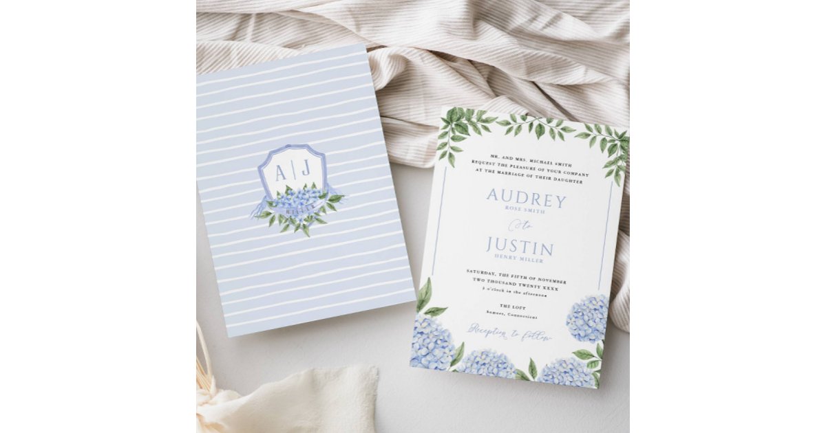 Blue Hydrangea Flowers, Personalized Crest Wedding Invitation | Zazzle