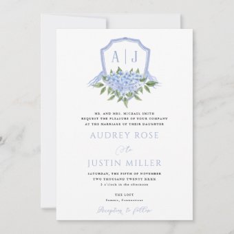 Blue Hydrangea Flowers Watercolor Crest Wedding Invitation | Zazzle