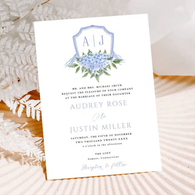 Blue Hydrangea Flowers Watercolor Crest Wedding Invitation | Zazzle