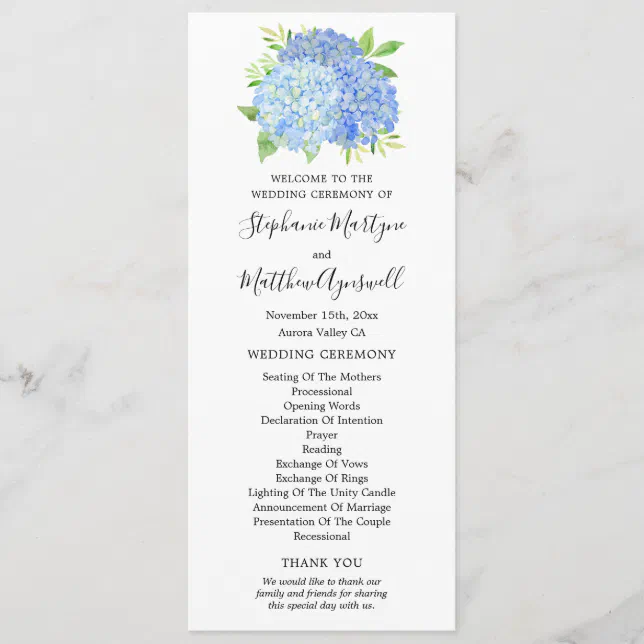 Blue Hydrangea Flowers Watercolor Wedding Program | Zazzle