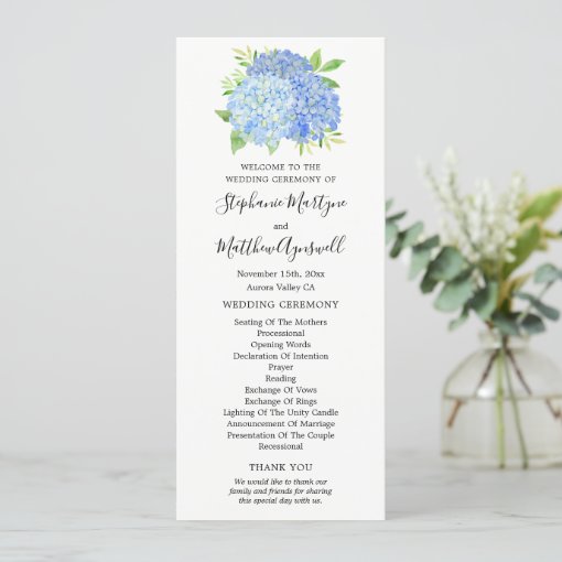 Blue Hydrangea Flowers Watercolor Wedding Program | Zazzle