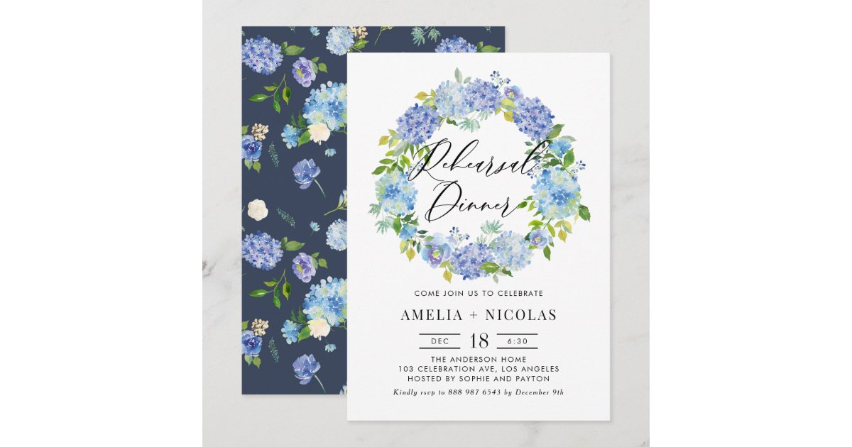Blue Hydrangea Flowers Wreath Rehearsal Dinner Invitation | Zazzle