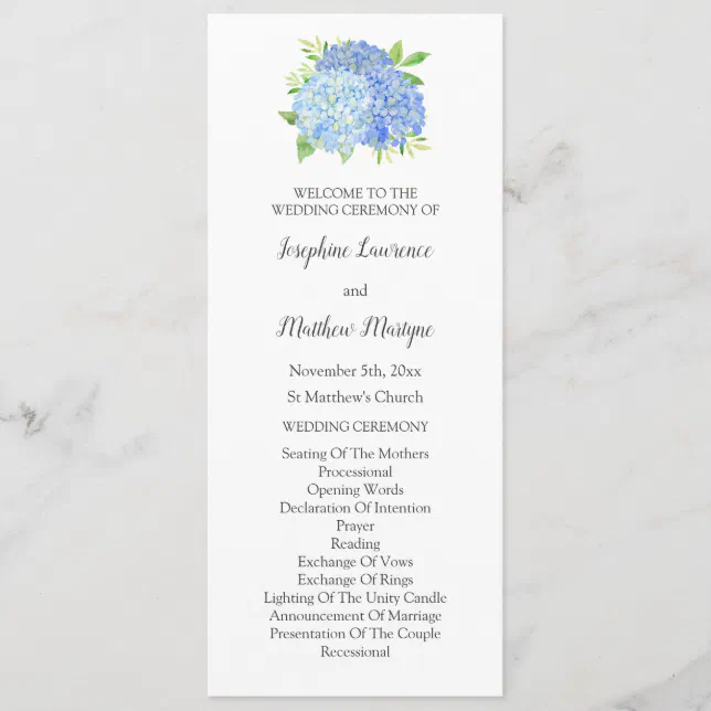 Blue Hydrangea Foliage Watercolor Floral Wedding Program | Zazzle