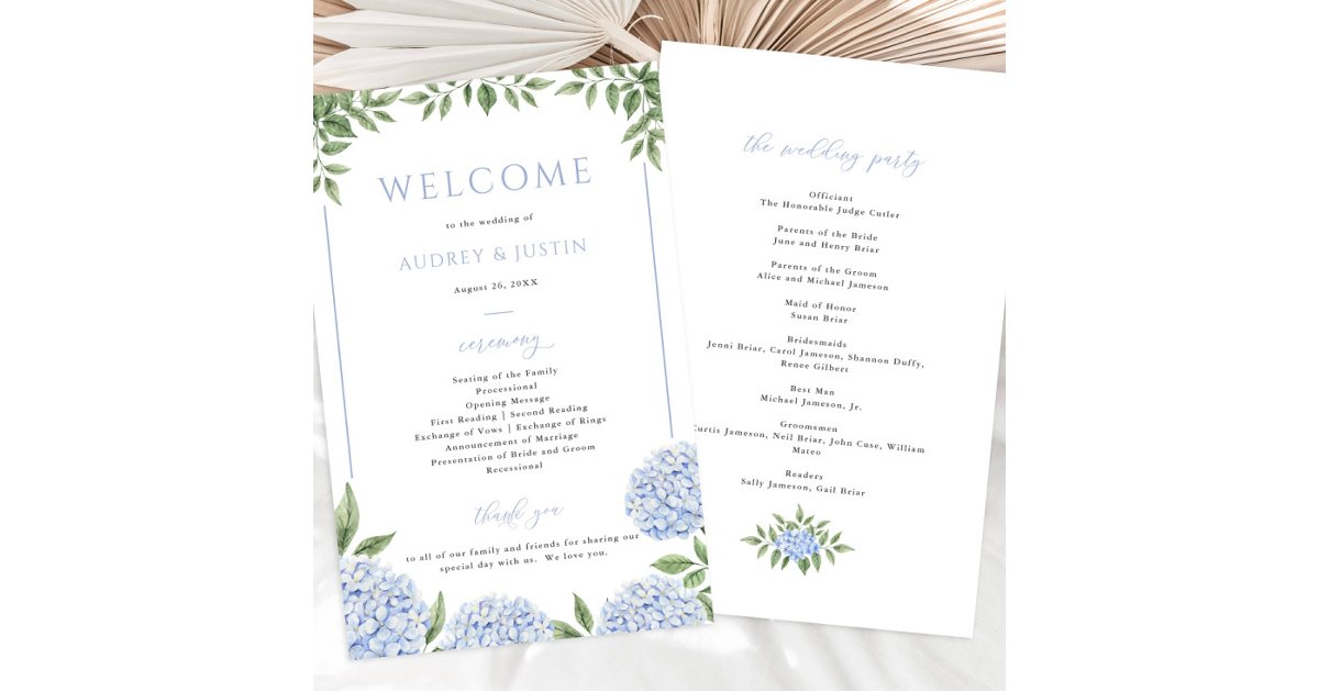 Blue Hydrangea Framed Wedding Paper Program | Zazzle
