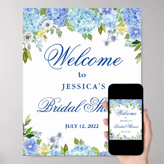 Blue Hydrangea Greenery Bridal Shower Welcome Poster | Zazzle