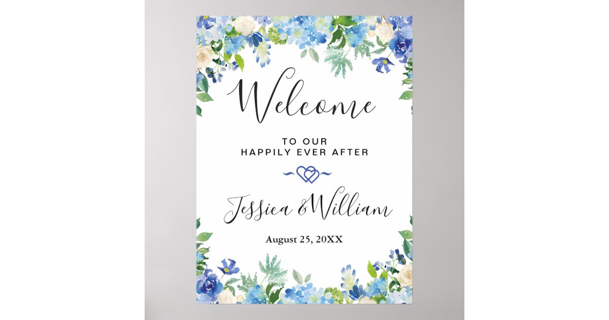 Blue Hydrangea Greenery Chic Wedding Welcome Poster | Zazzle