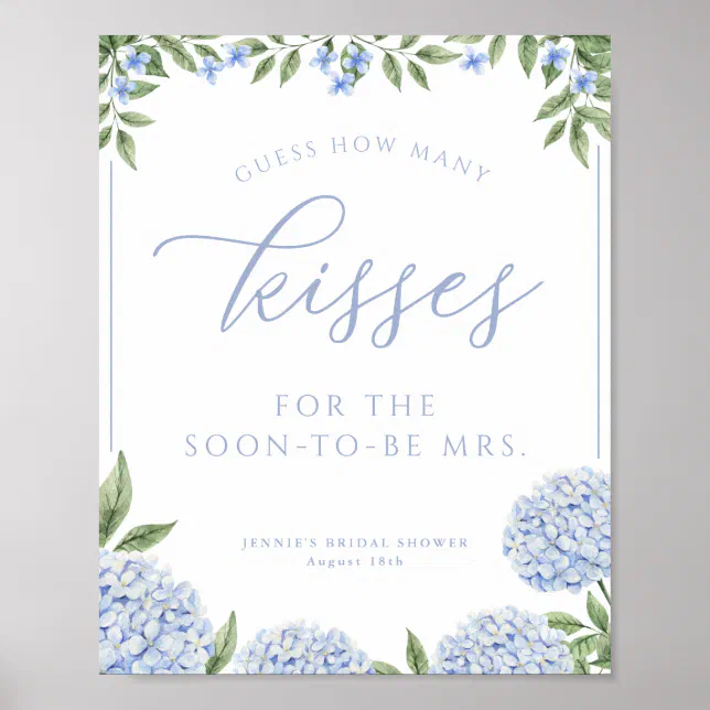Blue Hydrangea Guess How Many Kisses Shower Game Poster | Zazzle