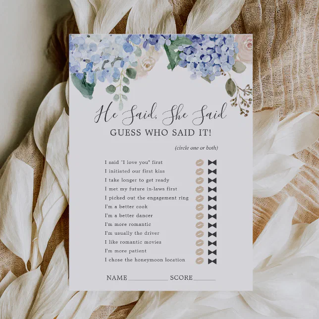 Blue Hydrangea He Said She Said Shower Game Card | Zazzle