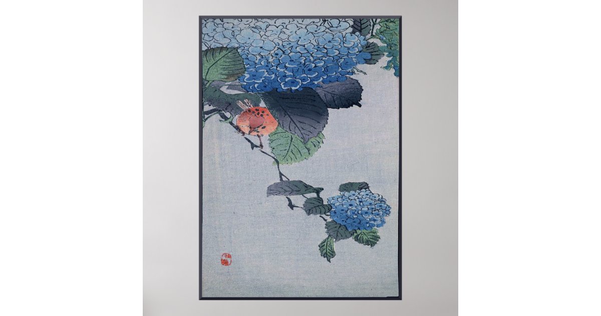 Blue Hydrangea Japanese Woodcut with Bird Poster | Zazzle