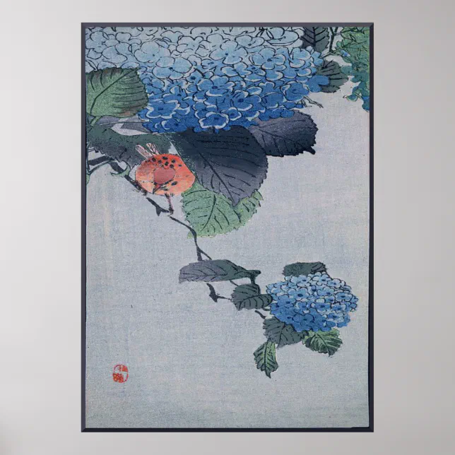 Blue Hydrangea Japanese Woodcut with Bird Poster | Zazzle